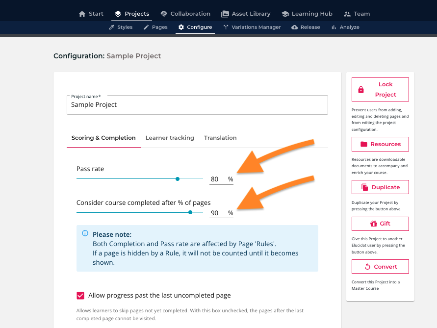 Setting a Completion and Pass rate in your Project – Elucidat Author Help Center