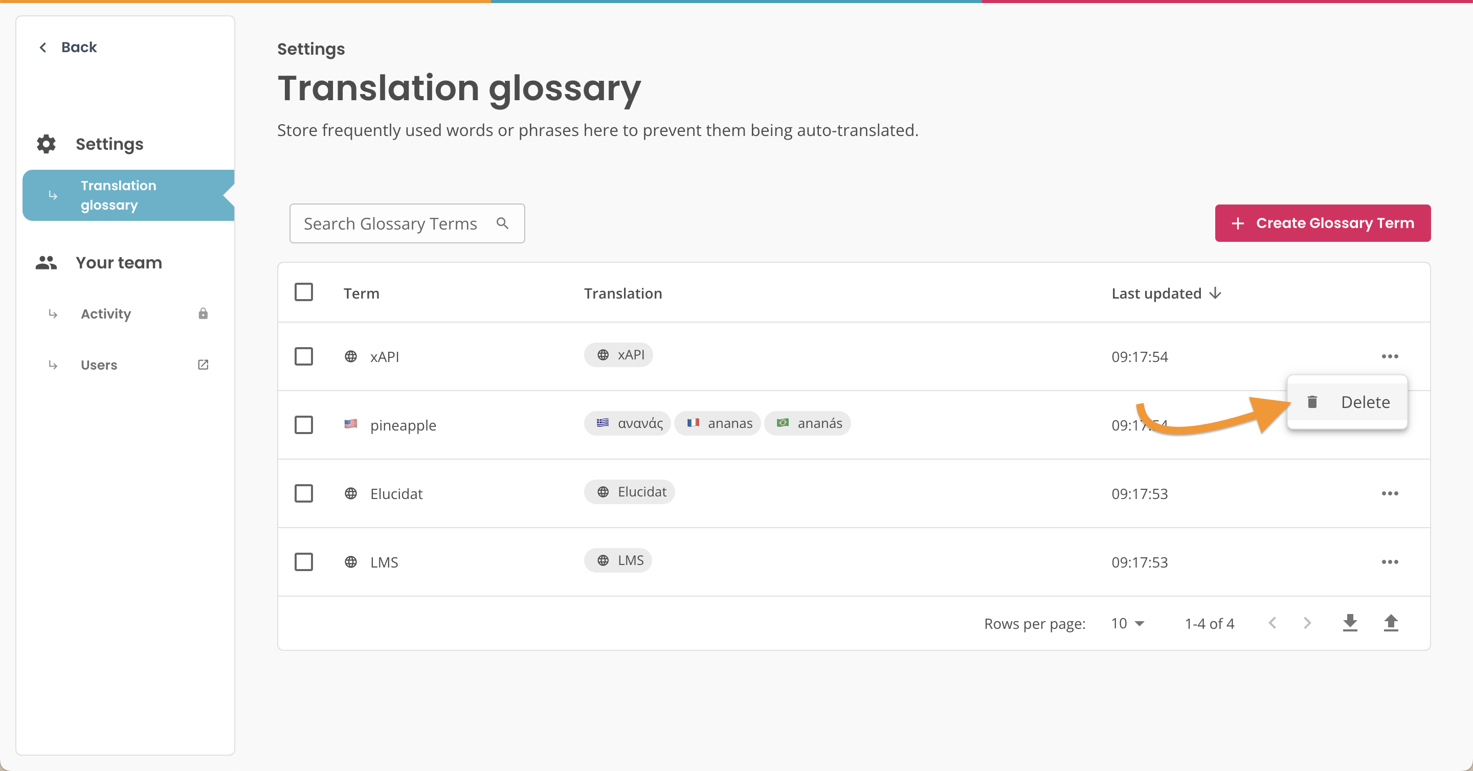 Removing terms from your Translation Glossary – Elucidat Author Help Center